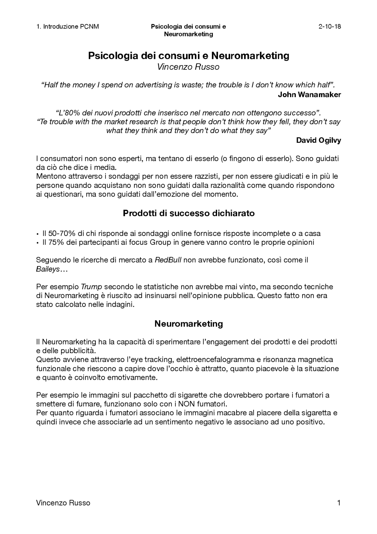 Appunti Psicologia Dei Consumi E Neuromarketing Docsity