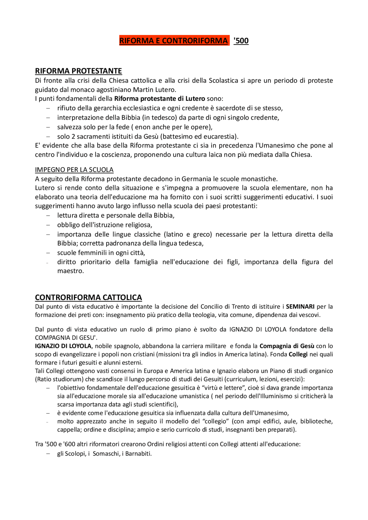 Riforma E Controriforma Docsity