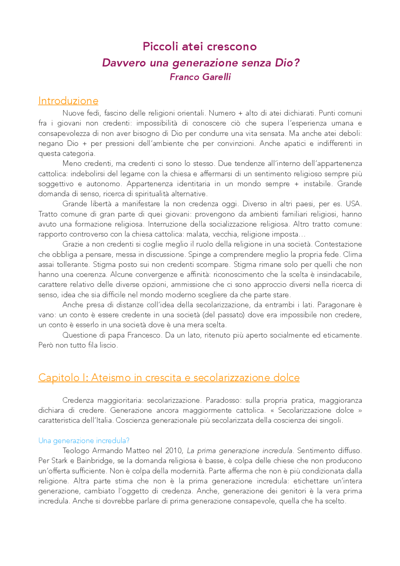 Piccoli Atei Crescono Franco Garelli Docsity