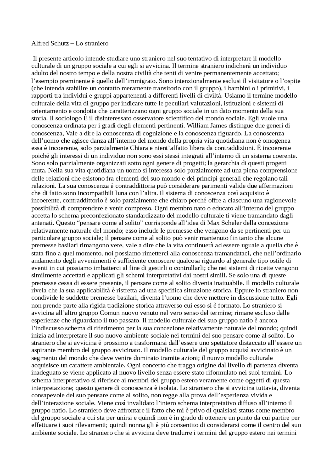 Alfred Schutz Lo Straniero Docsity