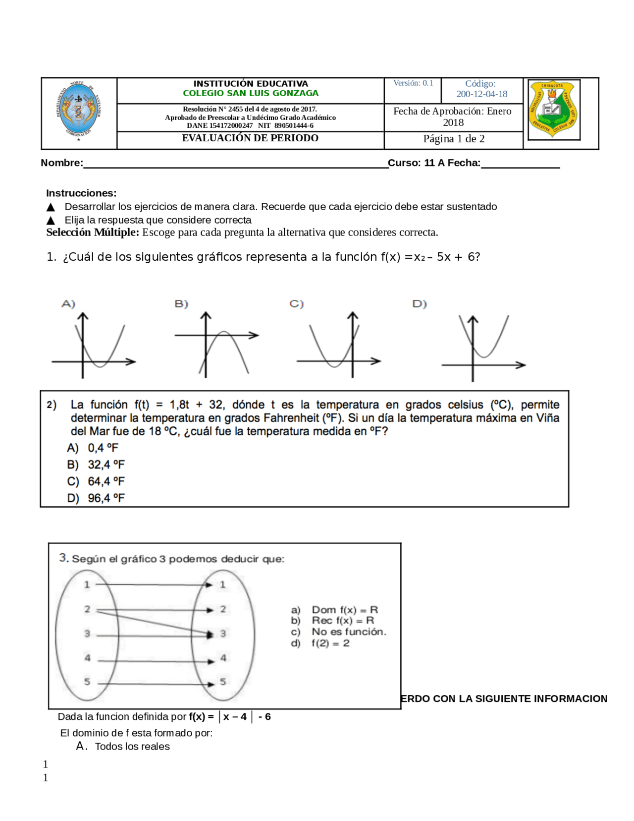 Evaluacion sobre funciones - Docsity