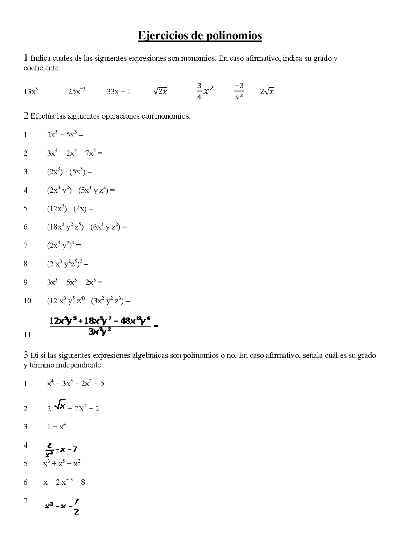 Ejercicios De Polinomios Apuntes De Matemáticas Docsity