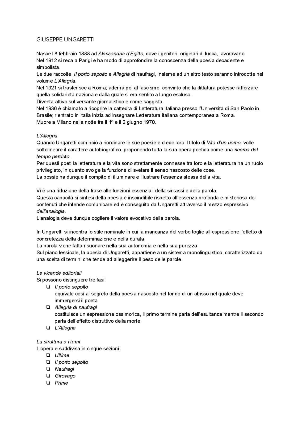 Analisi Completa Di Giuseppe Ungaretti Appunti Di Italiano Docsity