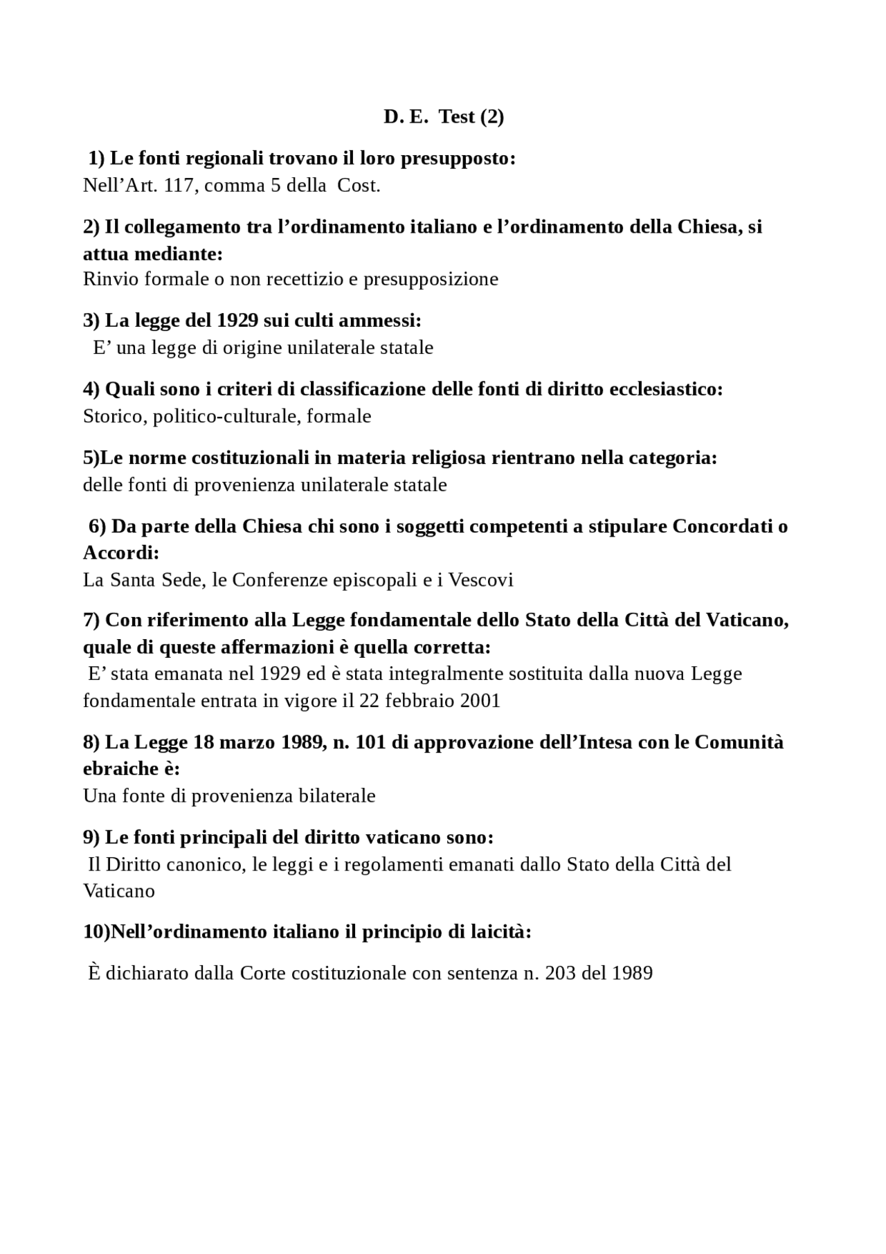 Diritto Ecclesiastico Unicusano Docsity