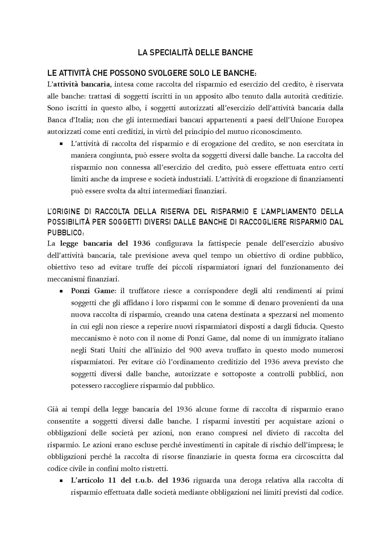 Diritto Delle Banche La Specialità Della Banche Docsity