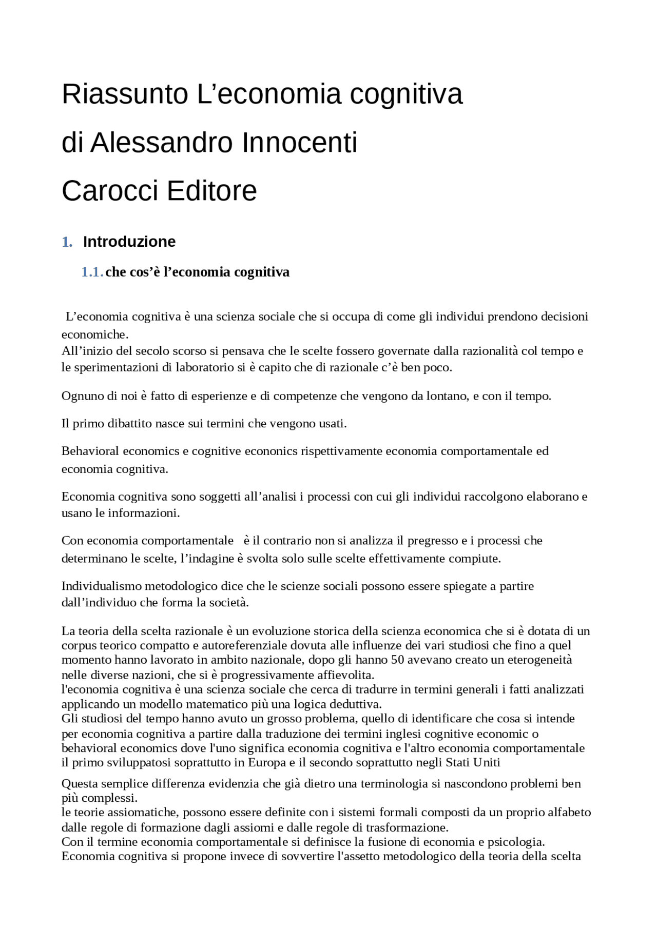 Riassunto Leconomia Cognitiva Di Alessandro Innocenti Docsity