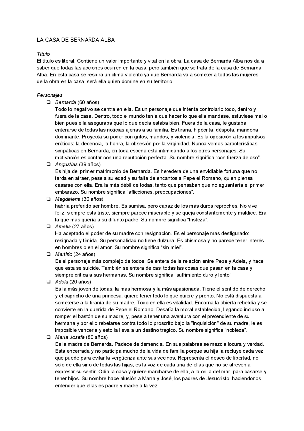 Análisis exhaustiva de La casa de Bernarda Alba - Docsity