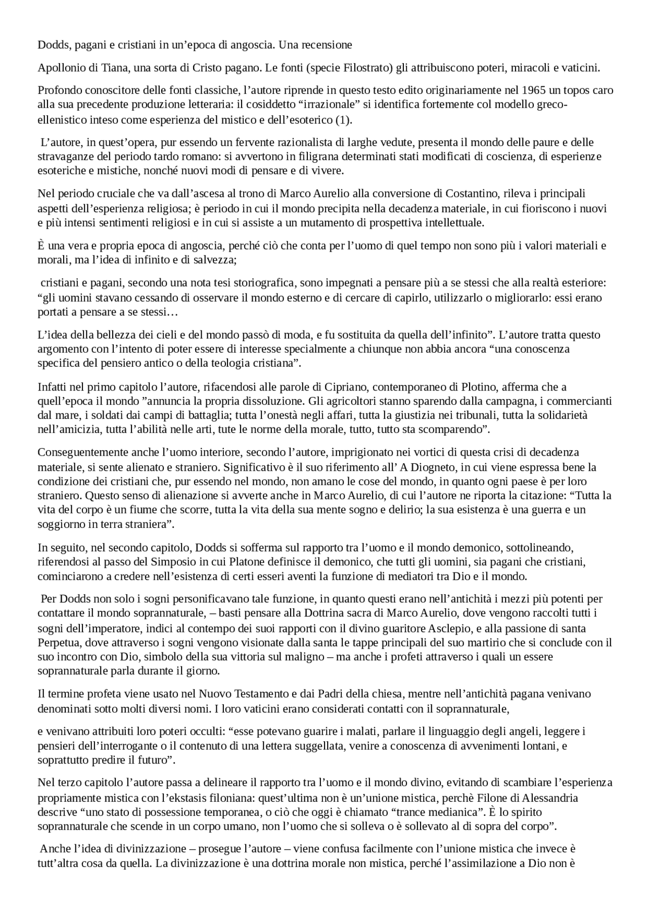 Riassunto Dodd Cristiani E Pagani In Un Epoca Dangoscia Docsity