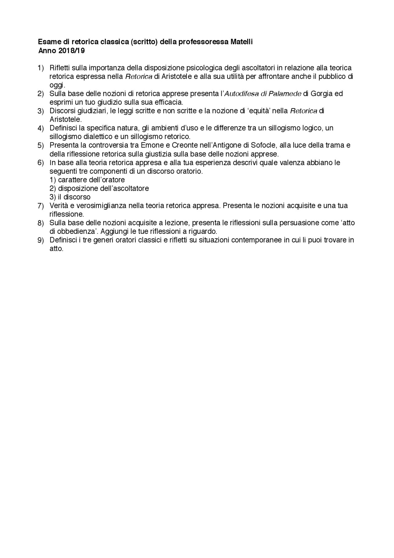 Retorica Classica Scritto Prof Matelli Anno 201819 Docsity