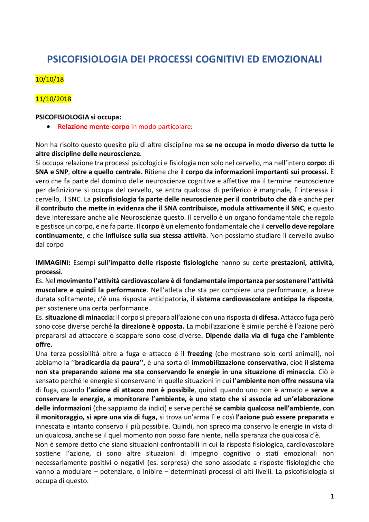 Psicofisiologia dei processi cognitivi ed emozionali - Docsity