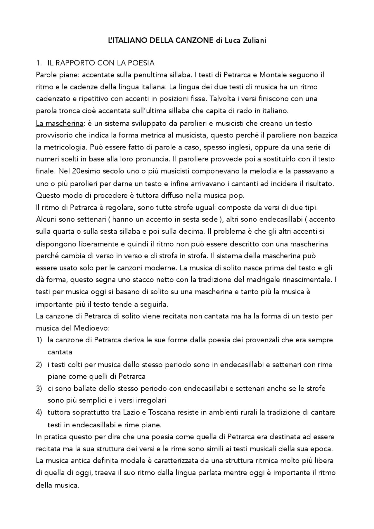 La Lingua Della Canzone Docsity