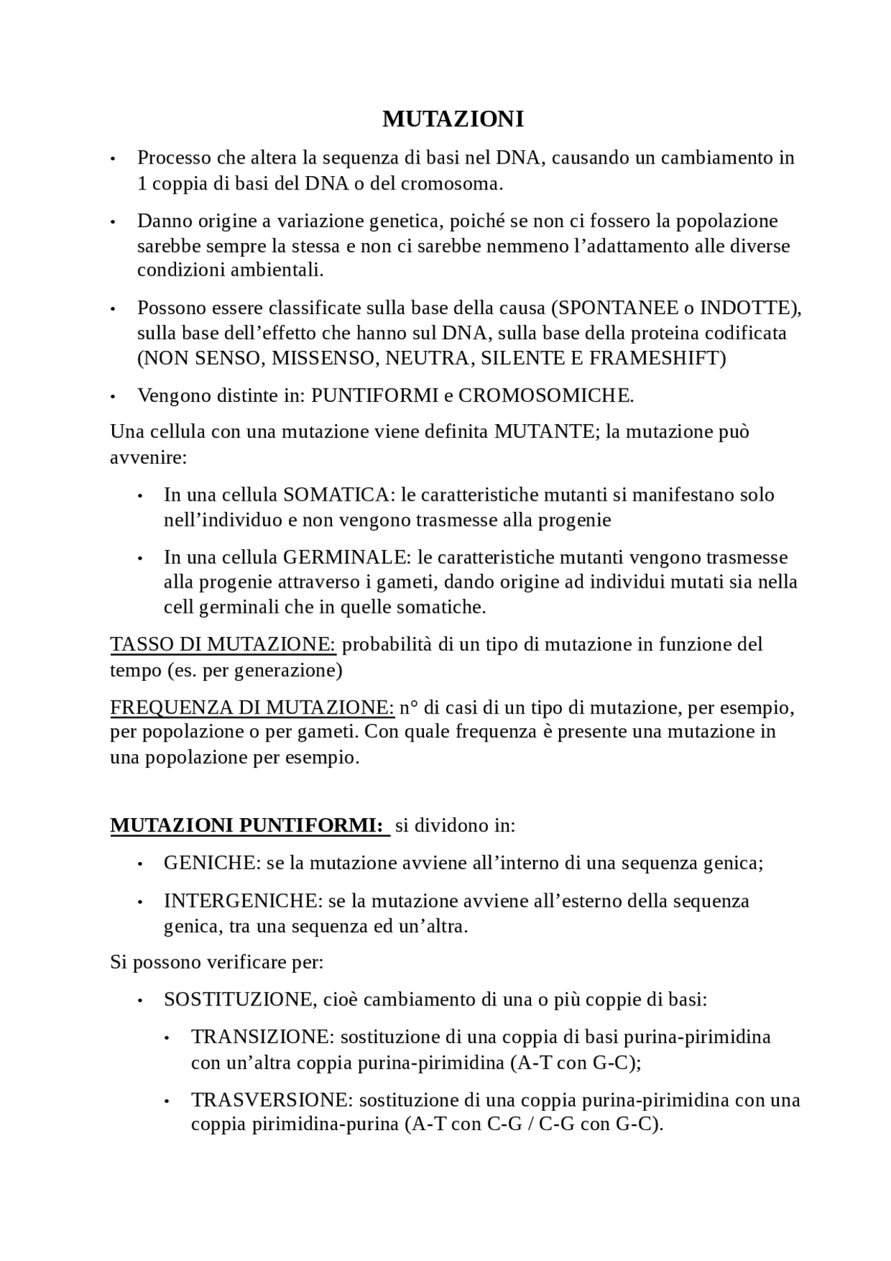 Mutazioni puntiformi | Appunti di Genetica - Docsity