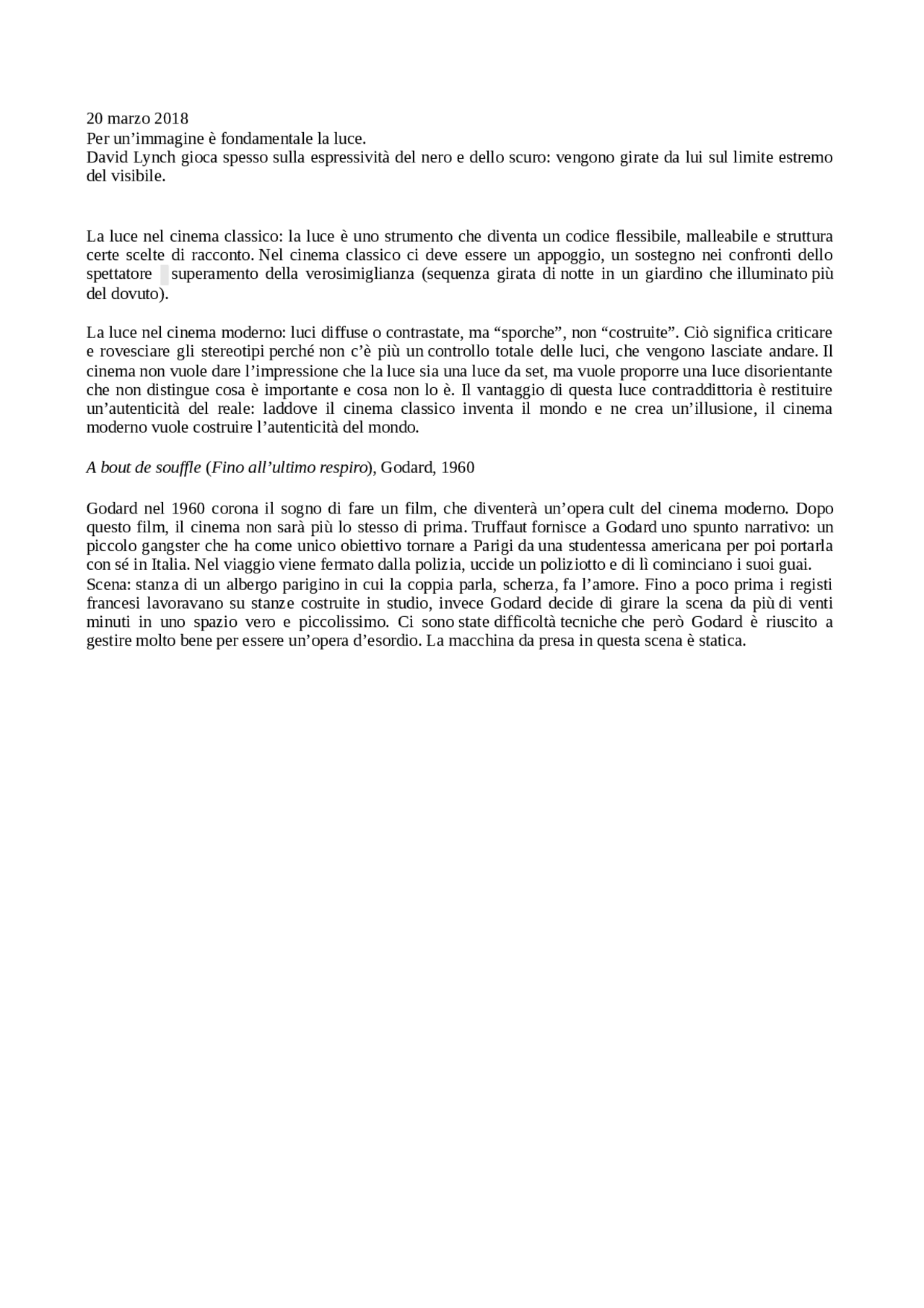 Luce E Illuminazione Appunti Di Teoria Del Cinema Docsity
