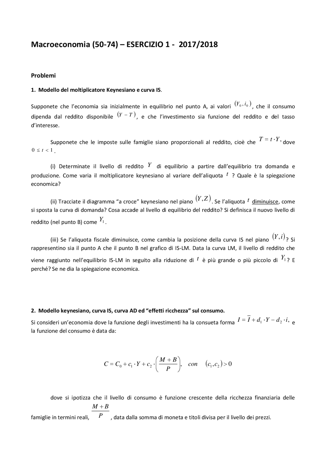Esercizi Macroeconomia Esercizi Di Macroeconomia Docsity