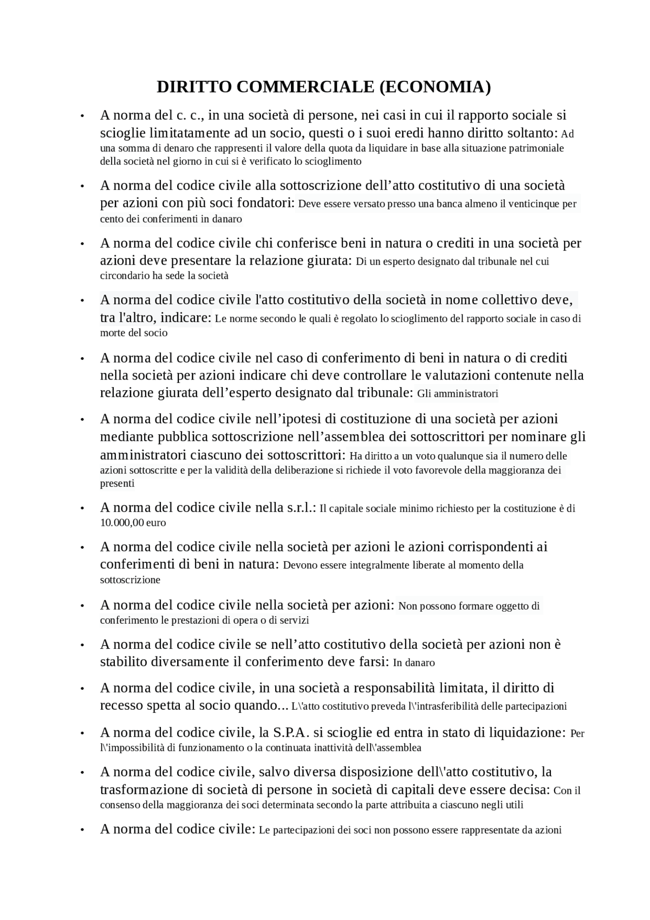 Test Domanderisposte Diritto Commerciale Economia Pegaso Docsity