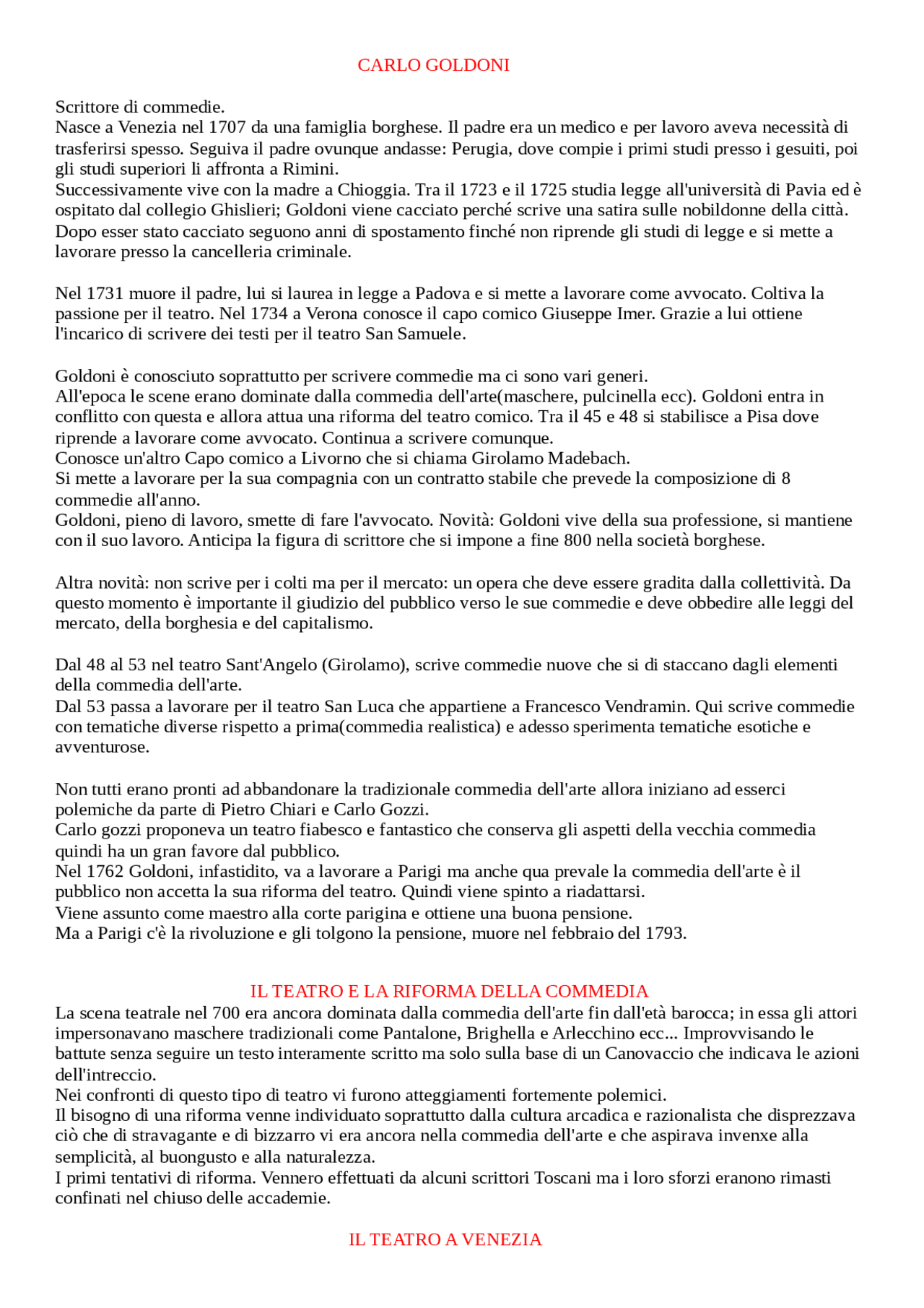 Appunti Su Carlo Goldoni Docsity