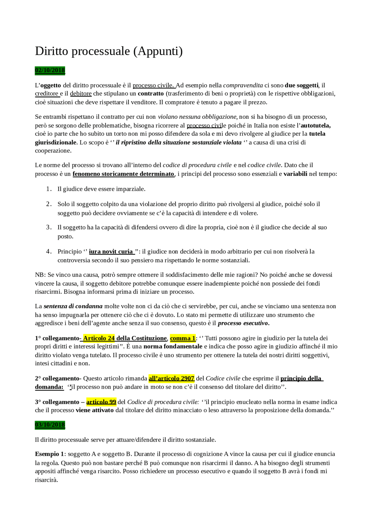 Diritto processuale civile | Appunti di Diritto Processuale Civile | Docsity