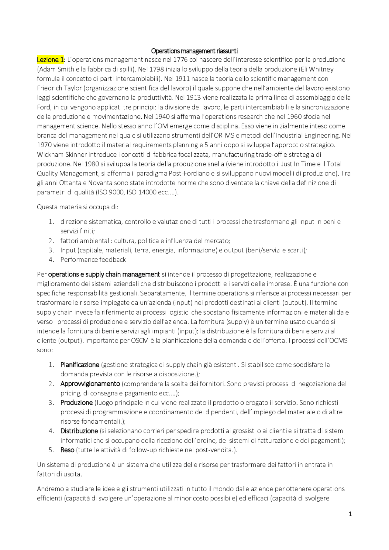 Riassunti Operations Management Docsity