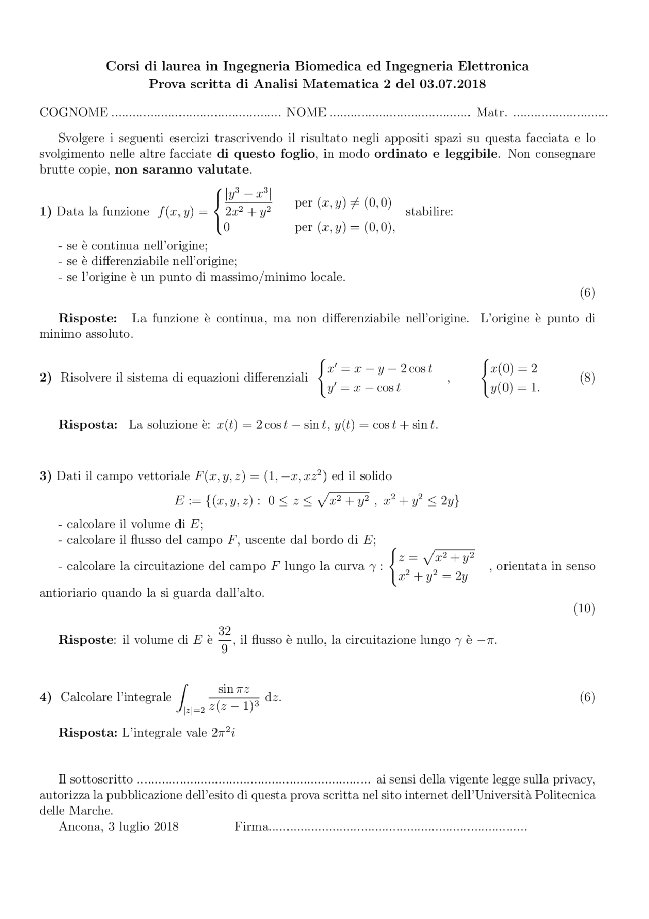 Prova Desame Analisi 2 Ingegneria Docsity
