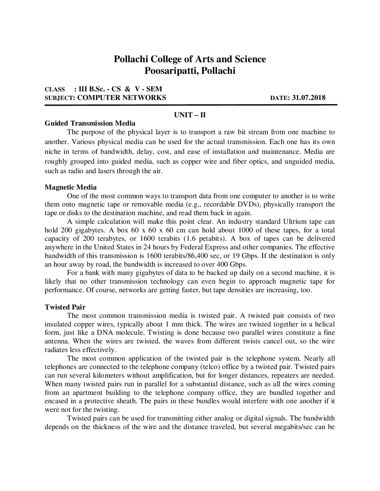 Computer Networks Lecture Notes Unit Ii Docsity