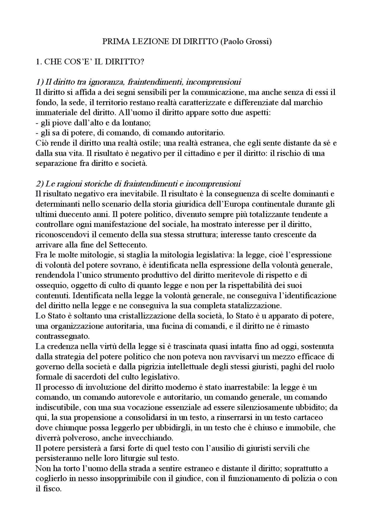 Prima Lezione Di Diritto Paolo Grossi Docsity