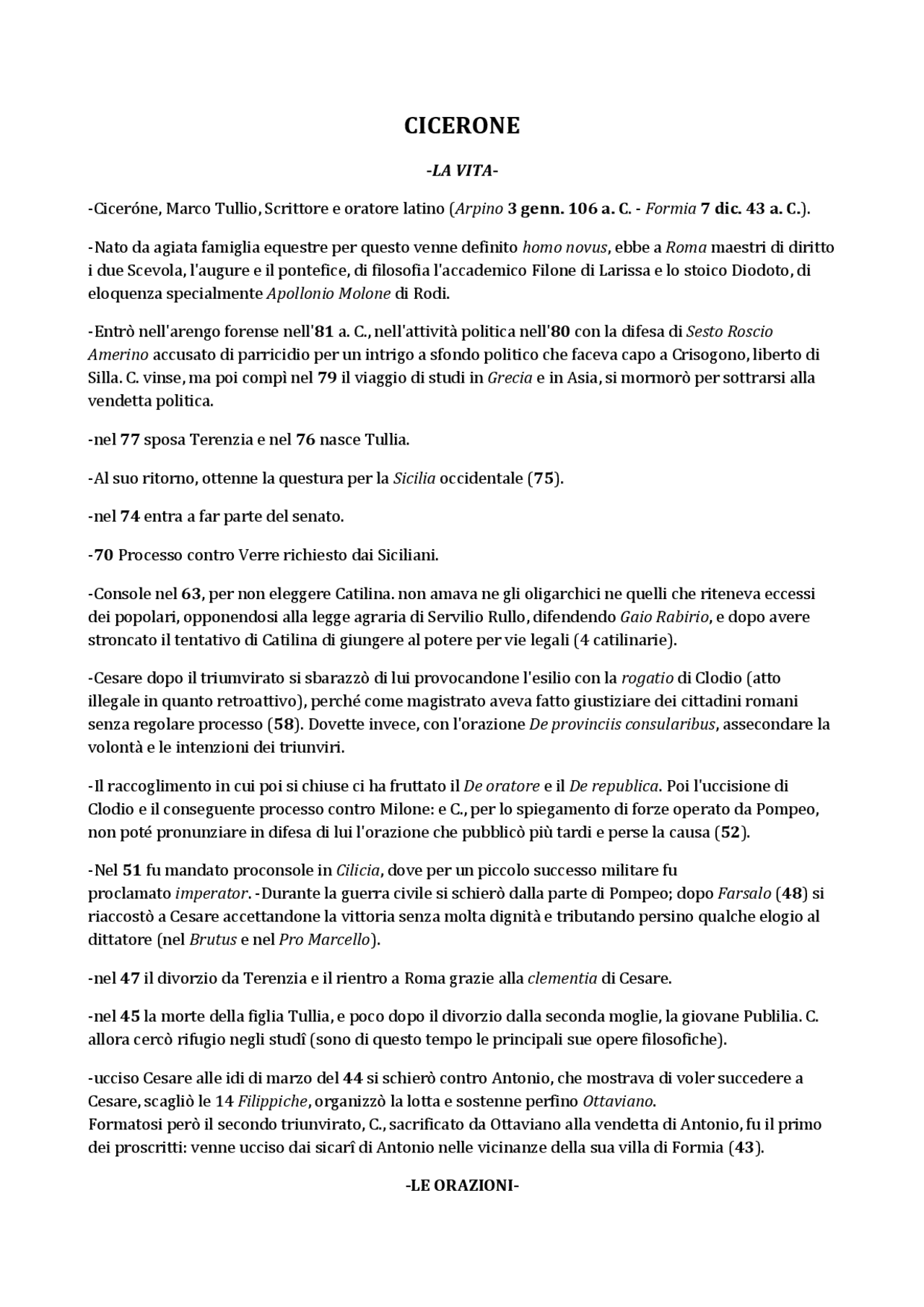 RIASSUNTO SU CICERONE | Notes de Latin | Docsity