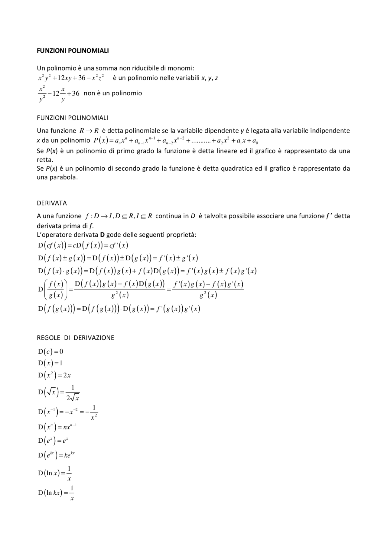 FUNZIONI POLINOMIALI - Docsity
