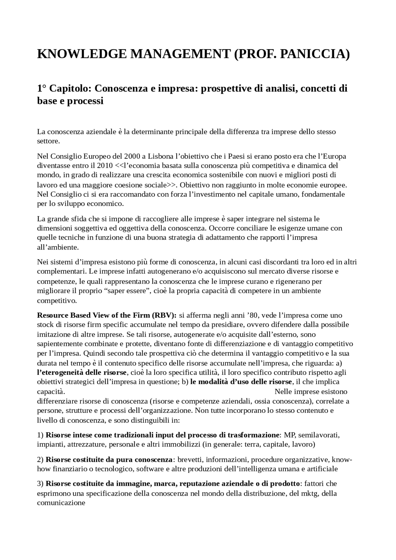 Knowledge management per la competitività d’impresa (Prof. Paniccia) - Docsity