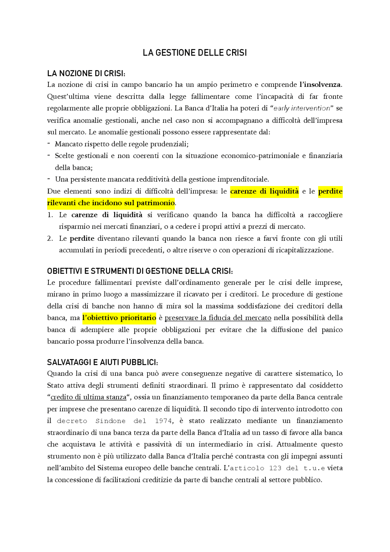Diritto Delle Banche La Gestione Della Crisi Delle Banche Docsity