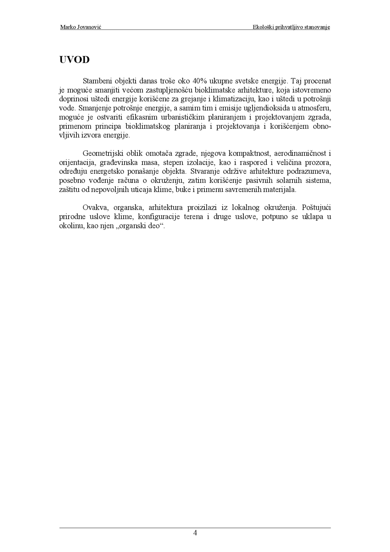 Ekoloski prihvatljivo stanovanje | Rezime' predlog Arhitektura - Docsity