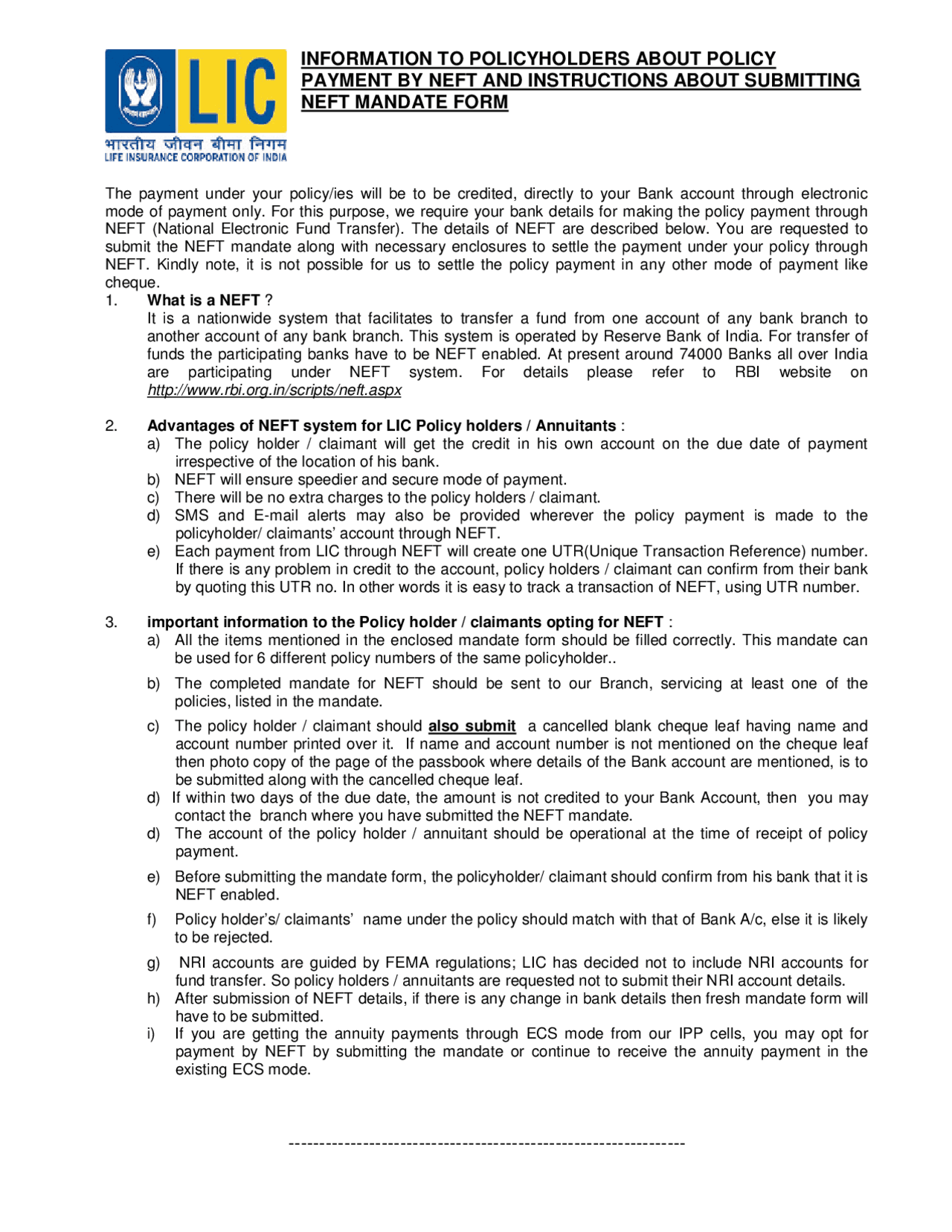 LIC NEFT Form or your documen - Docsity