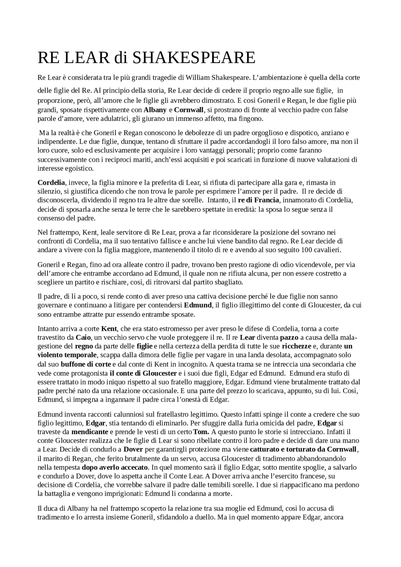 RE LEAR DI SHAKESPEARE. RIASSUNTO E ANALISI TESTO - Docsity