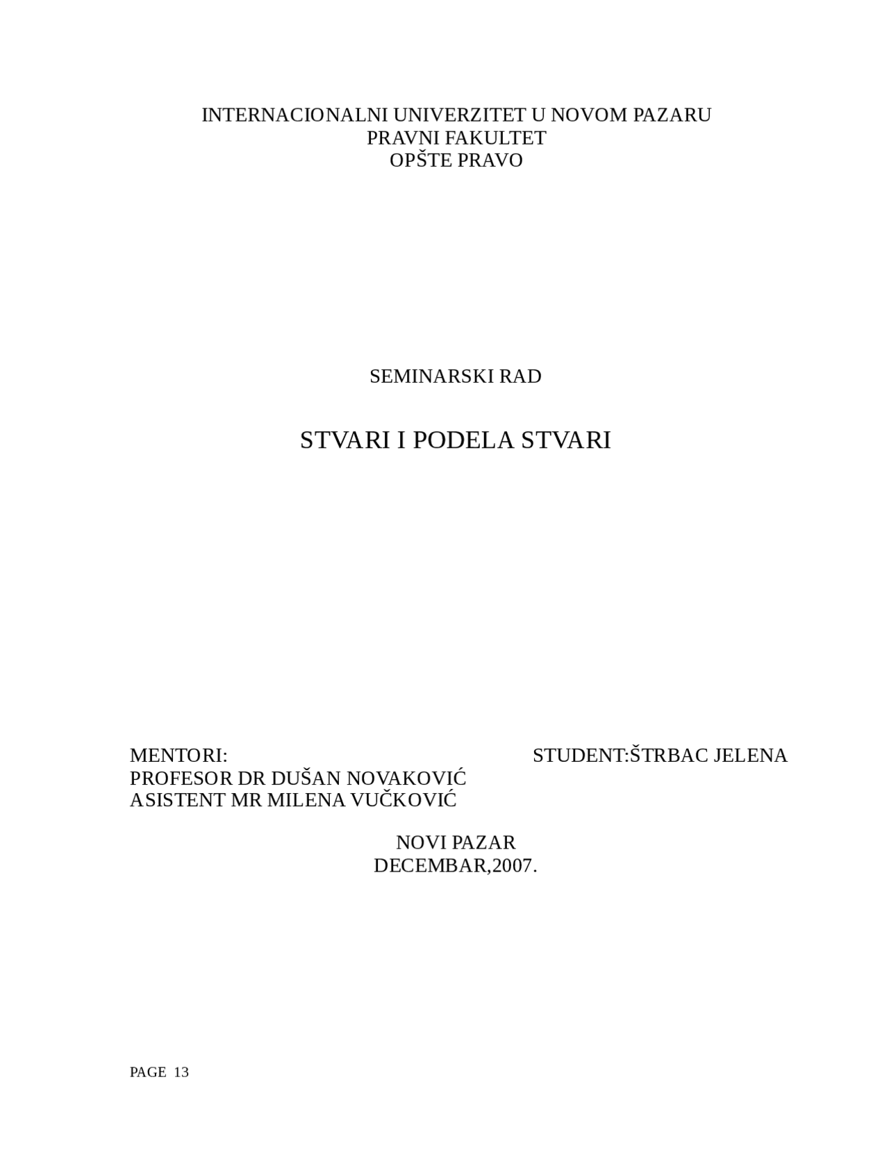 STVARI I PODJELA STVARI | Esej' predlog Opšta istorija prava i dršave | Docsity