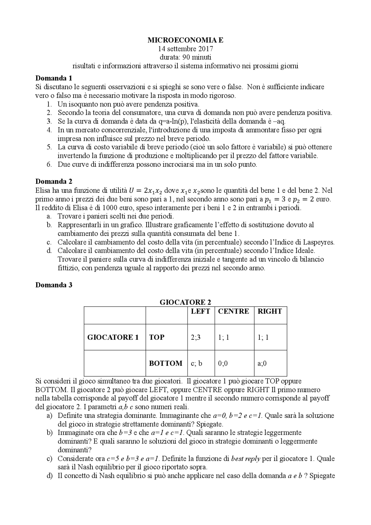 Prova Microeconomia Unito Settembre 2017 Prove Desame Di