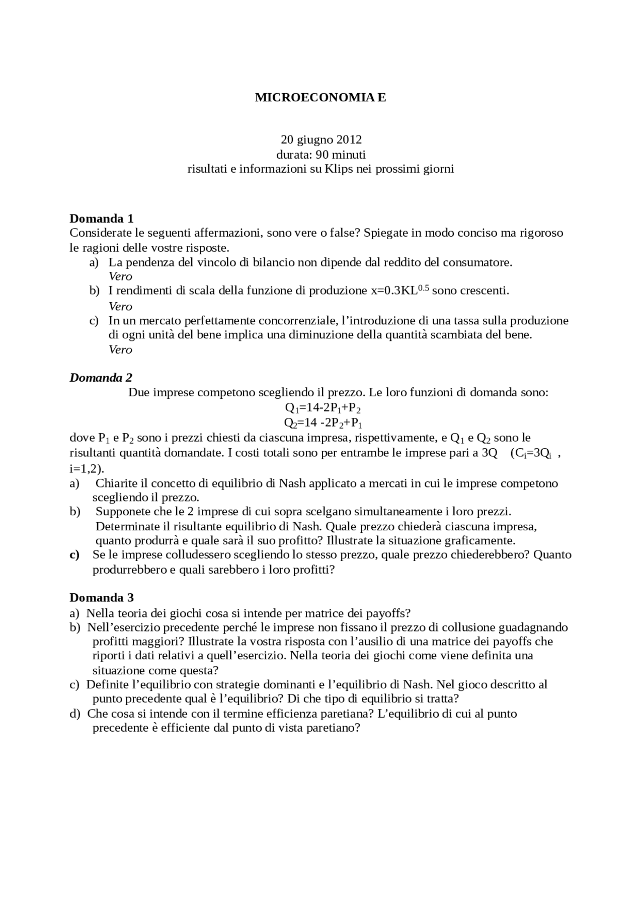 Prova Esame Microeconomia Unito Giugno 2012 Docsity