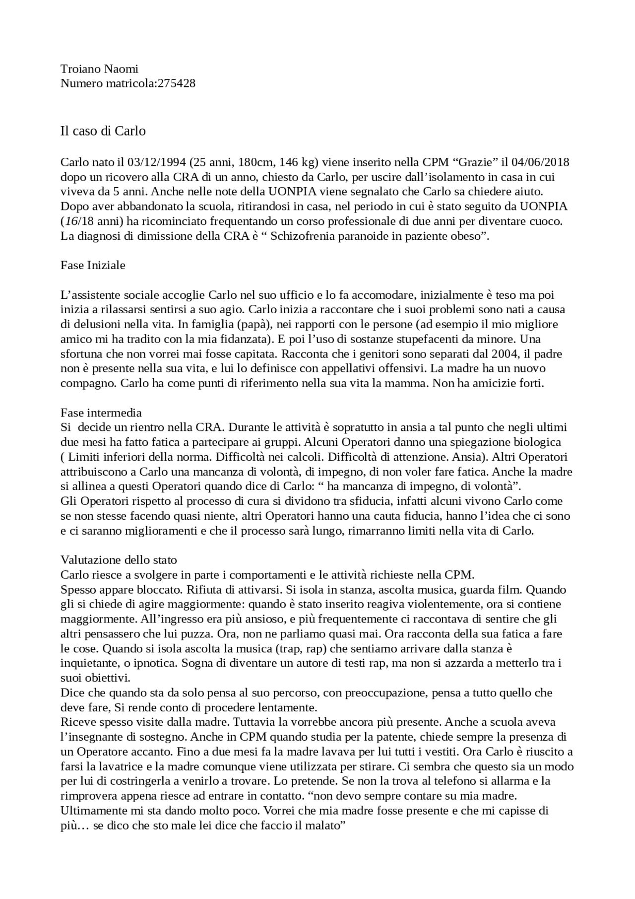 Relazione Su Un Caso Del Tirocinio Assistente Sociale Docsity