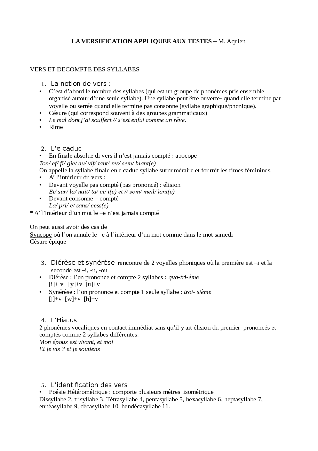 La versification appliquée aux textes - Docsity