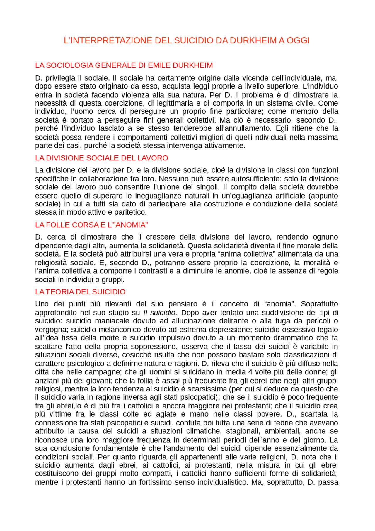 Il Suicidio Durkheim Sintesi Completa Docsity