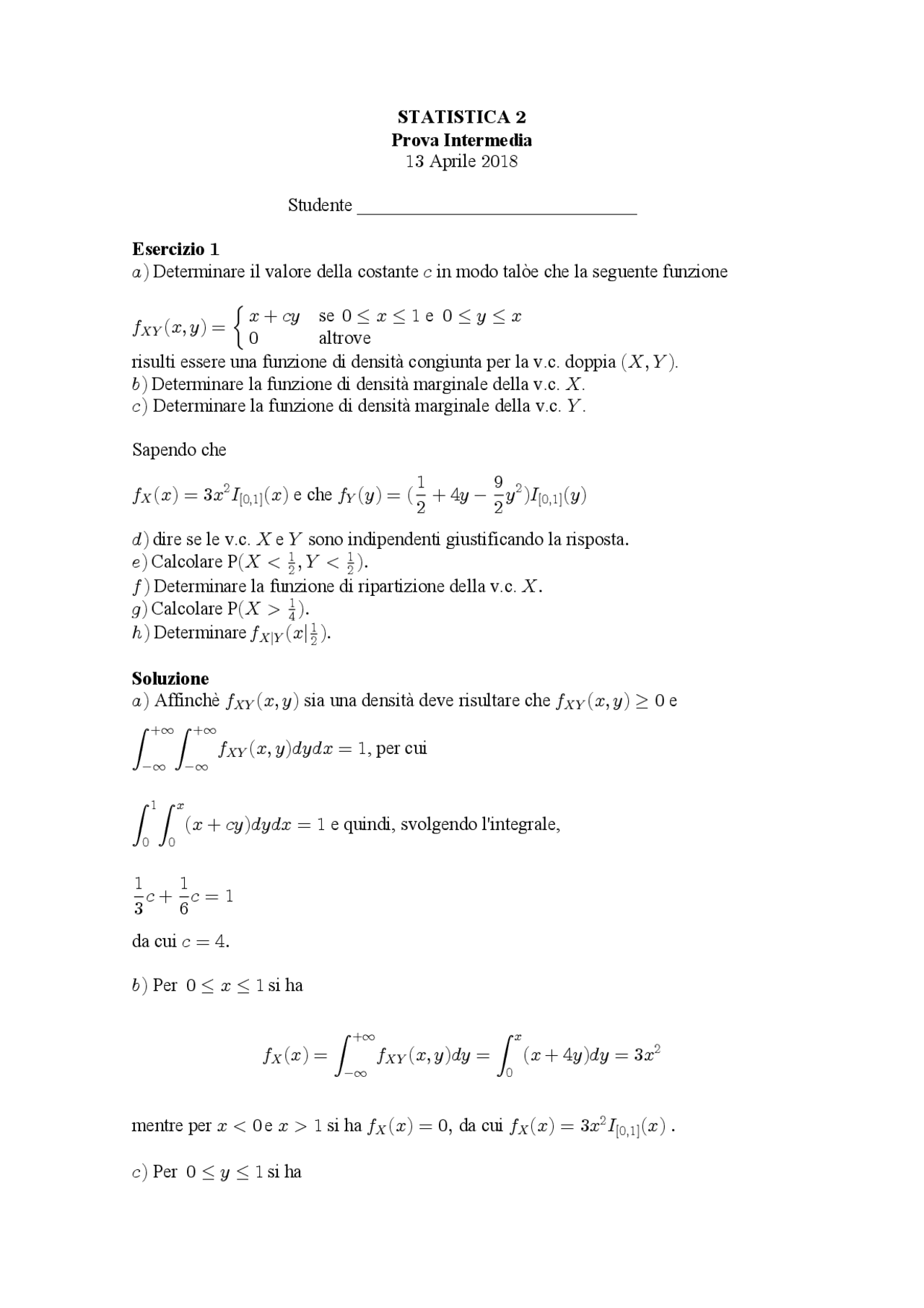 Statistica II prova intermedia 2018 | Prove d'esame di Statistica - Docsity