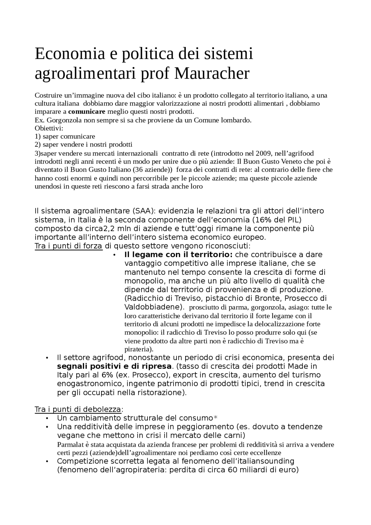 Economia E Politica Dei Sistemi Agroalimentari Docsity