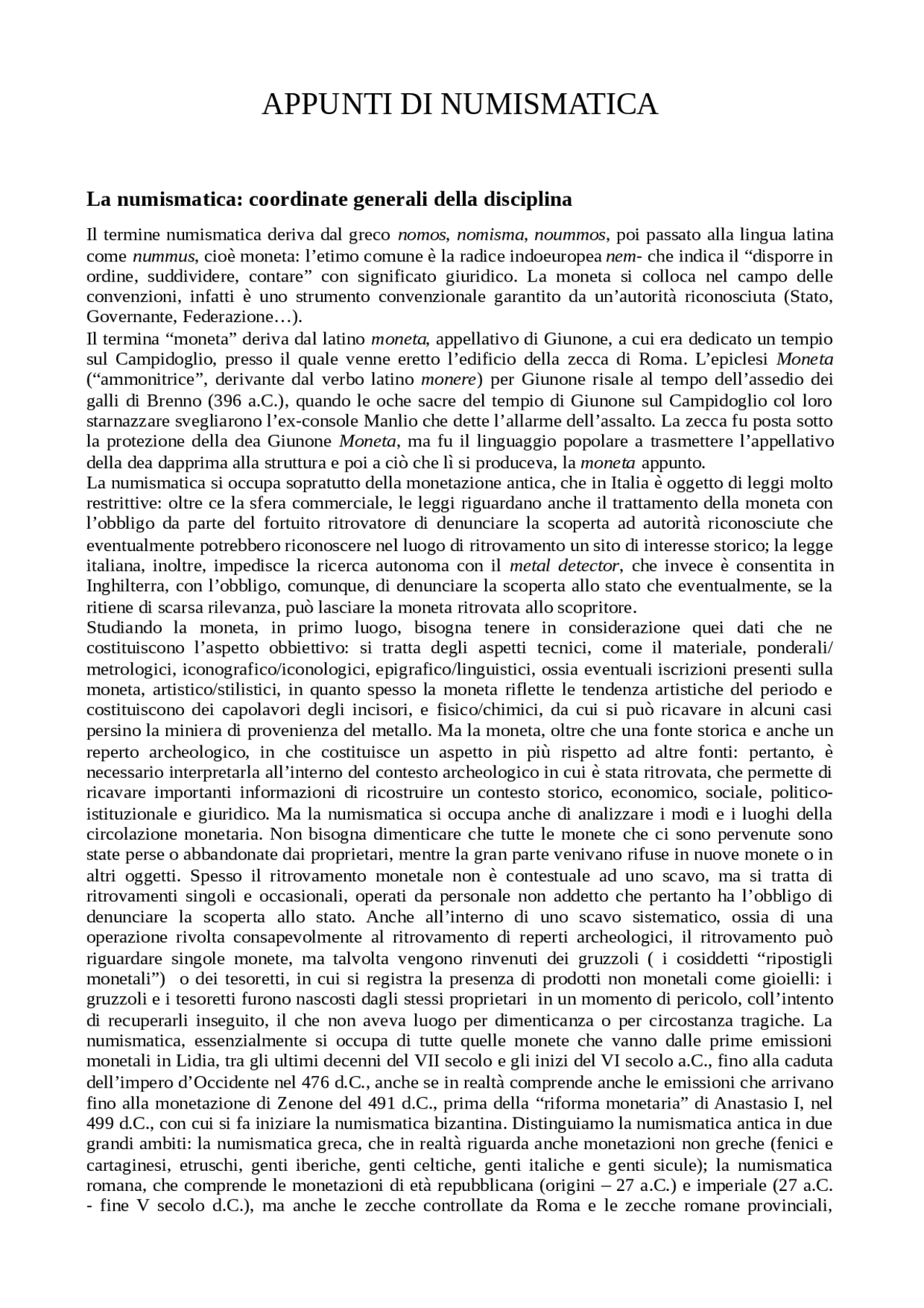 Lezioni Del Corso Di Numismatica Docsity