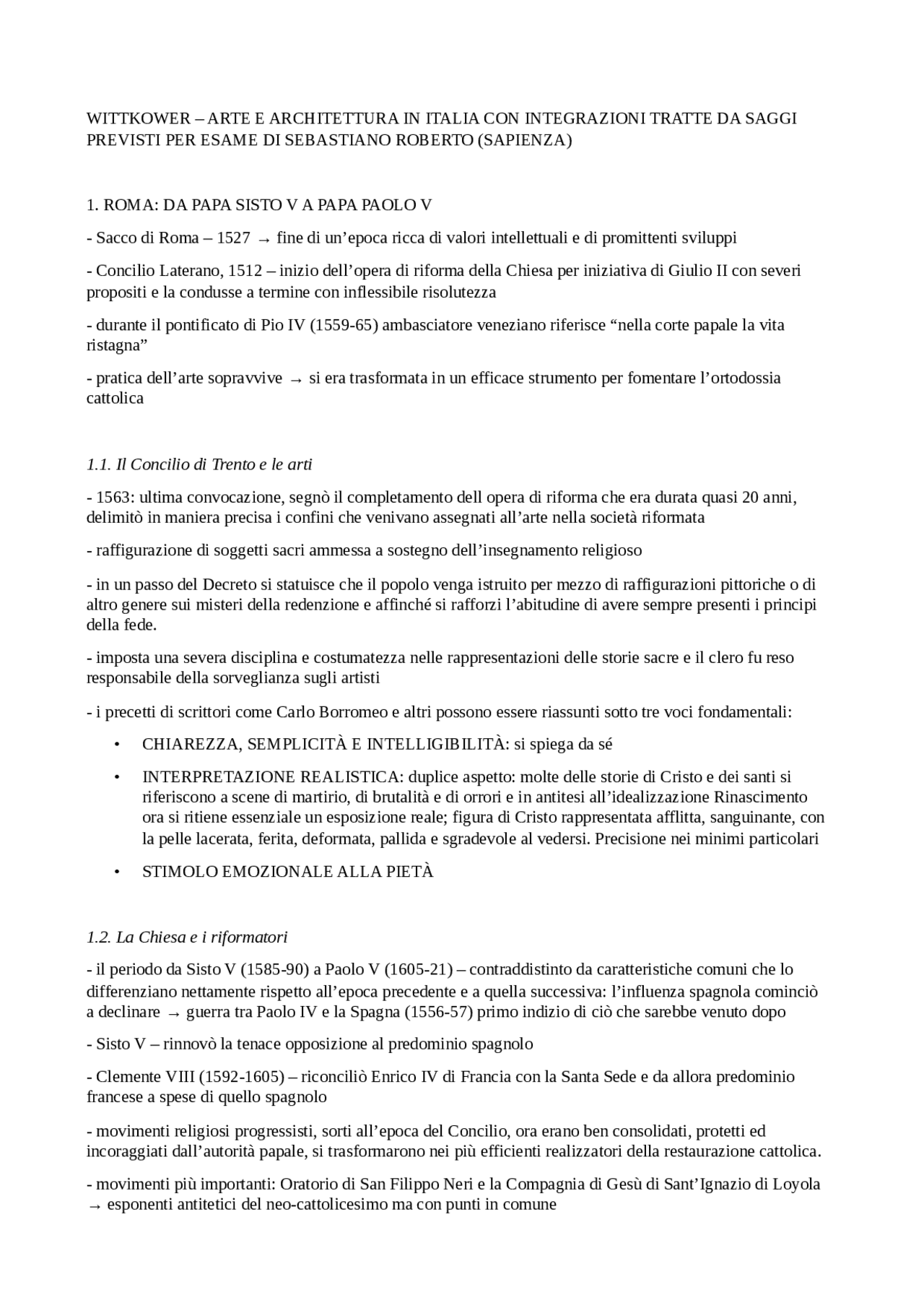 Riassunti Wittkower Con Integrazioni Tratte Da Saggi Docsity
