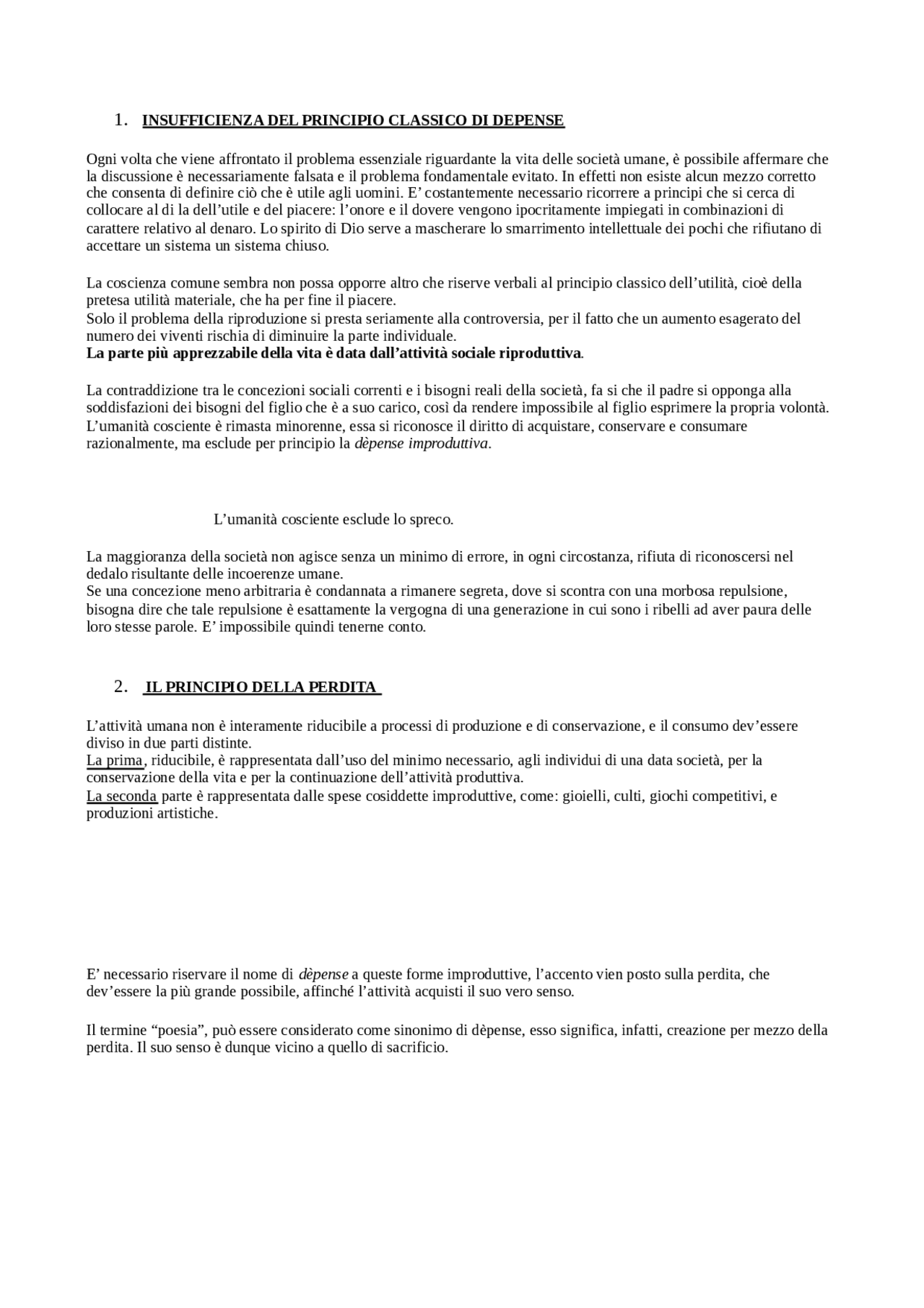 La nozione di dépense - Georges Batailles - Docsity