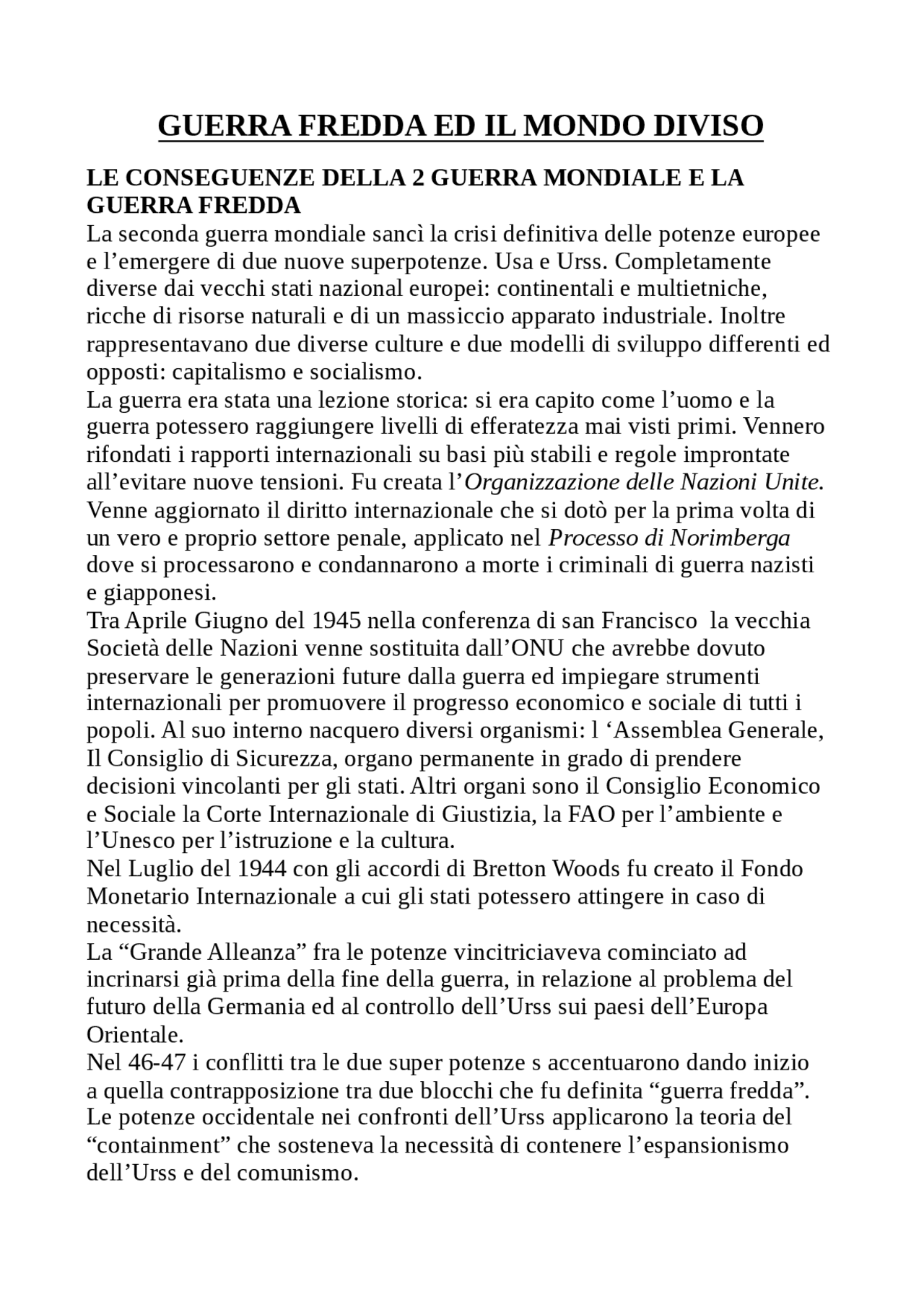 La Guerra Fredda E Il Mondo Diviso Docsity