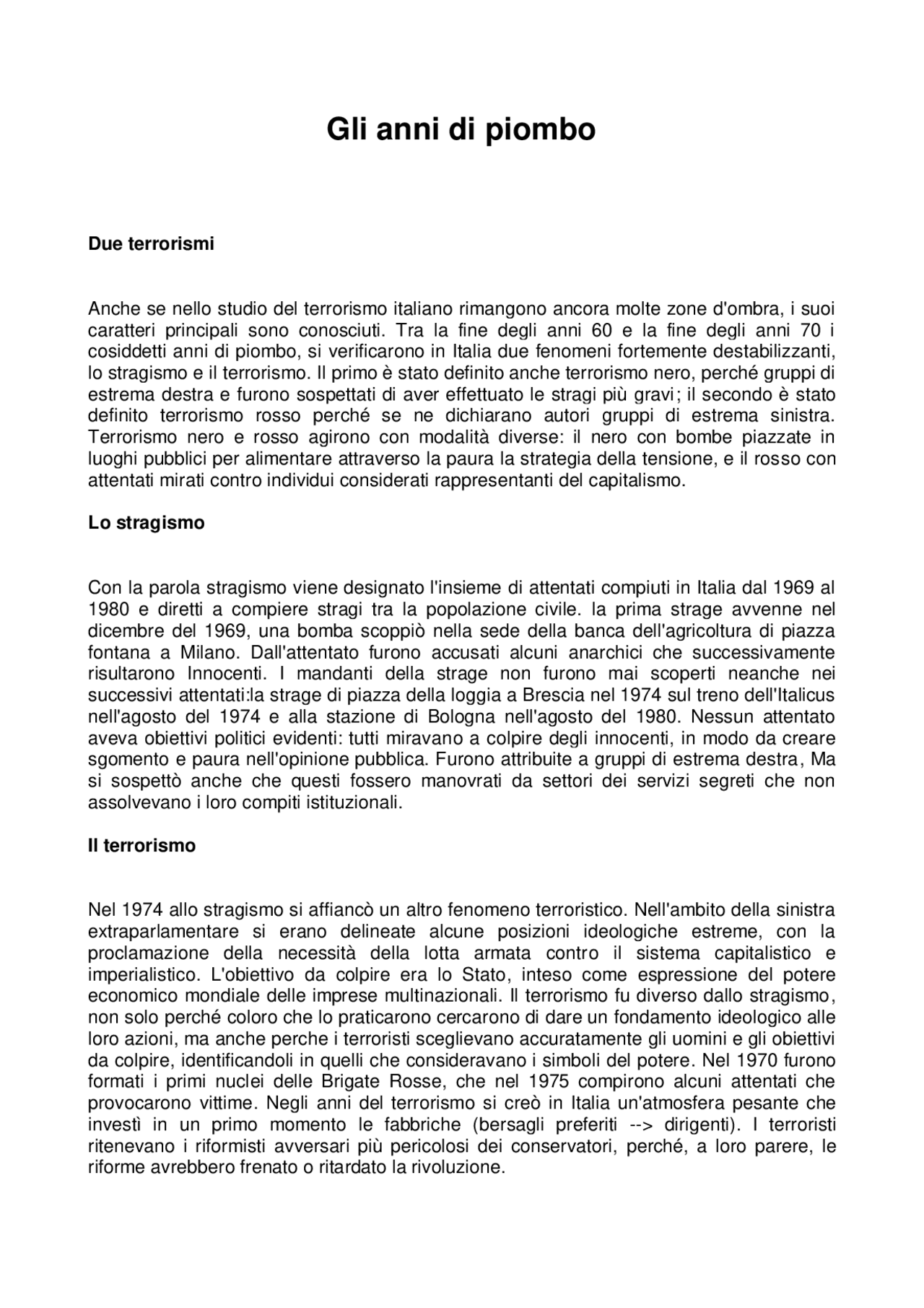 Riassunto Storia Gli Anni Di Piombo Docsity