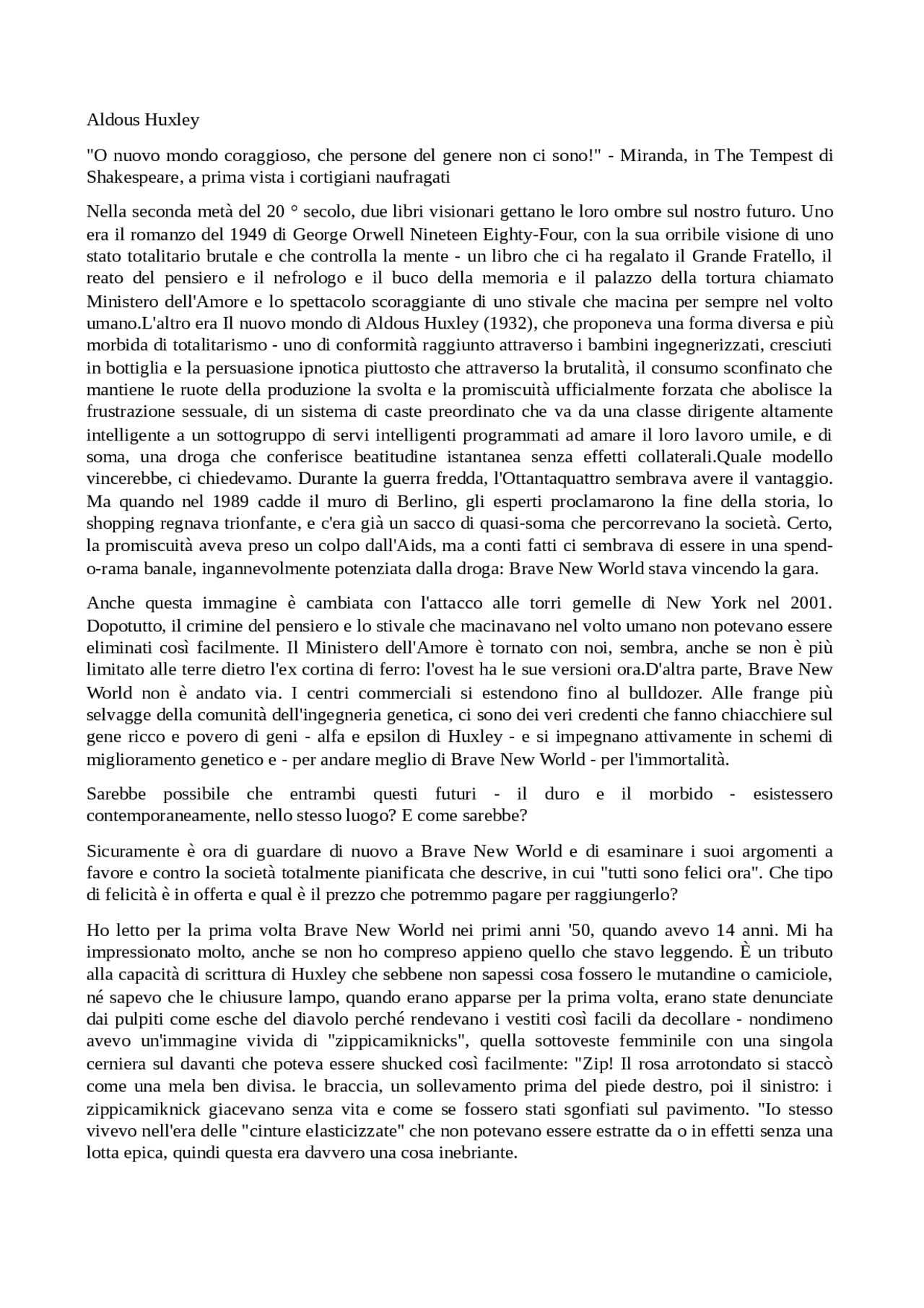 Brave New World Analisi Generale Della Trama Docsity