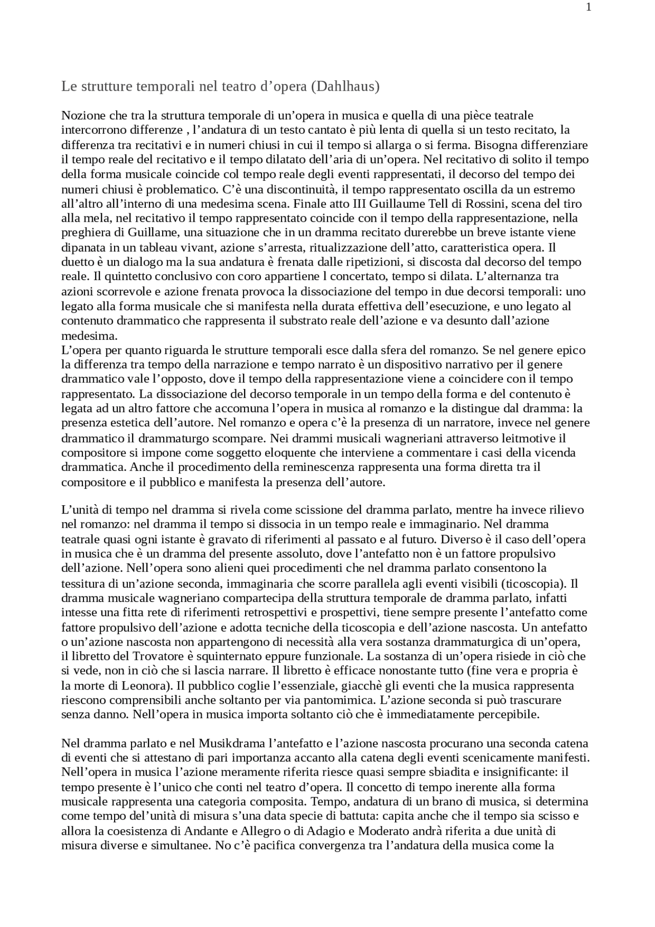 Riassunto saggio "Le strutture temporali nel teatro d’opera" - Dahlhaus (Storia del melodramma ...