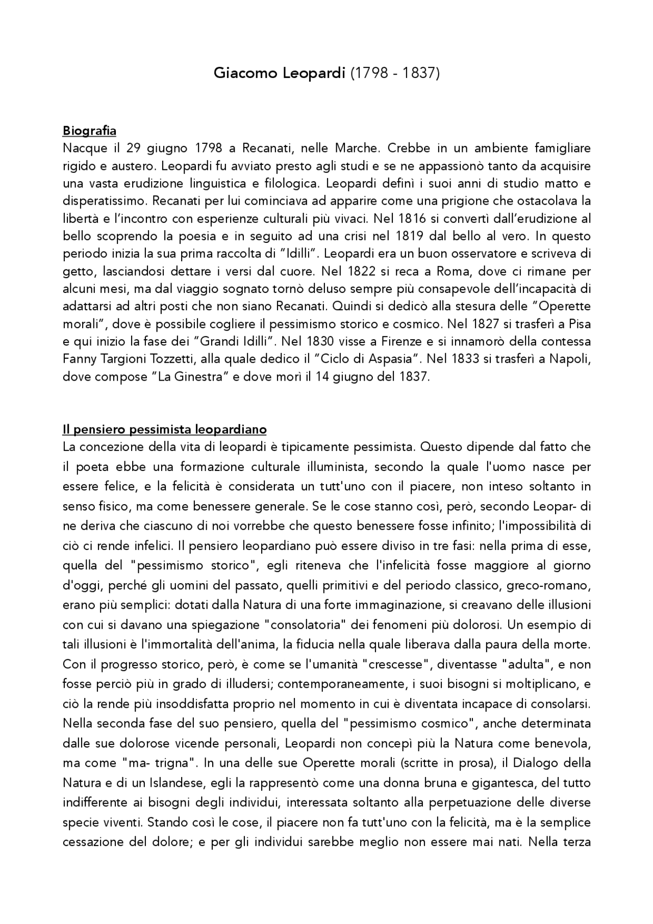 Giacomo Leopardi Sintesi Di Vita E Opere Docsity