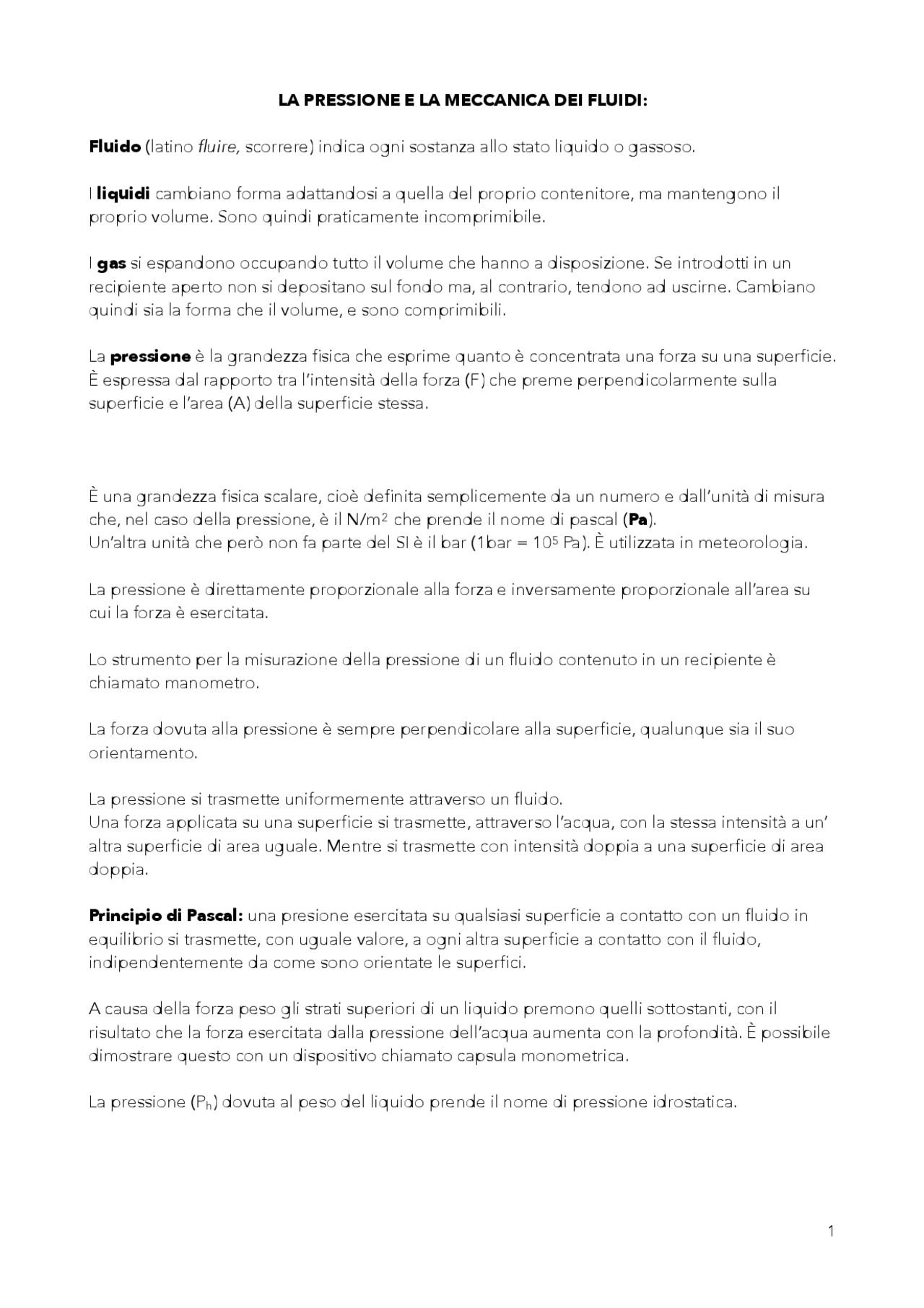 La pressione e la meccanica dei fluidi - Docsity