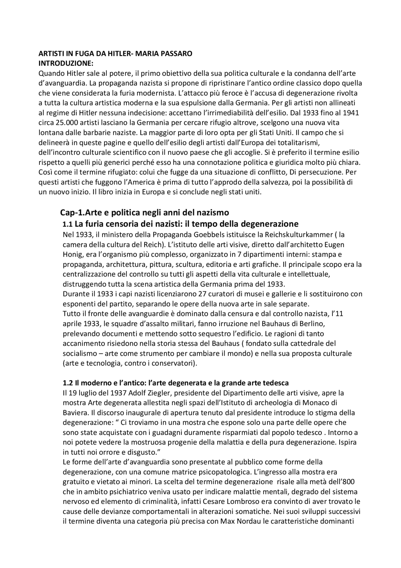 Riassunto Artisti in fuga da Hitler - Docsity